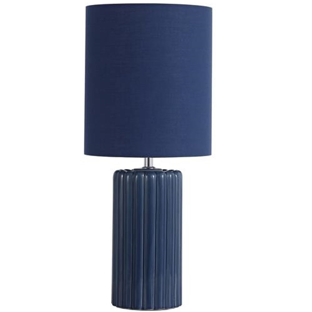 Navy Blue Ribbed Ceramic Vintage Table Lamp with Linen Drum Shade 51cm ...
