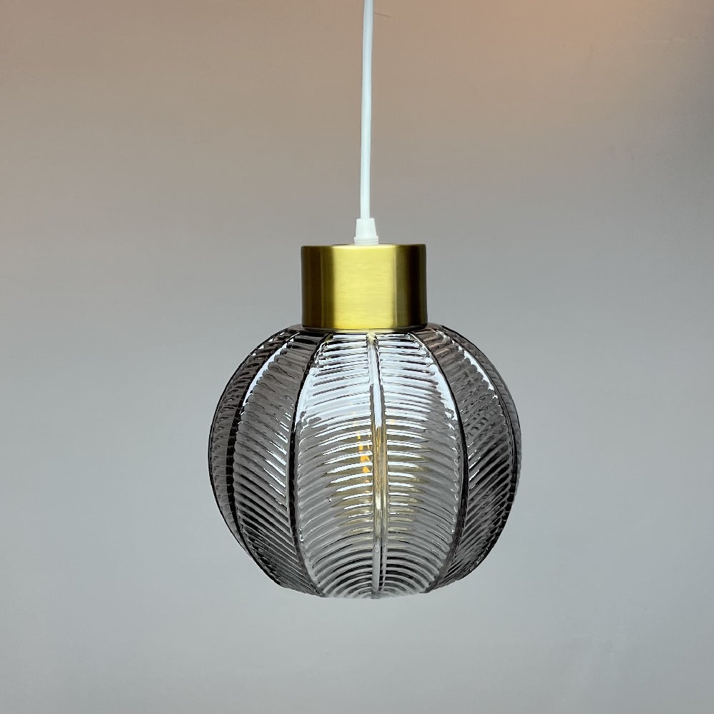 Antique Gold & Smoked Ribbed Glass Vintage Globe Easy Fit Pendant Shad ...