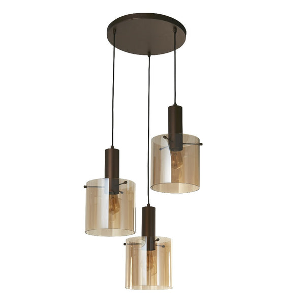 Mocha Brown & Amber Glass Cylinder Vintage 3 Lamp Cluster Pendant 42cm ...