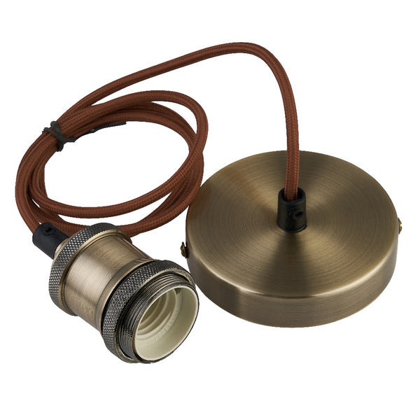 Antique Brass Vintage Fabric Round Cable Ceiling Rose Pendant ...